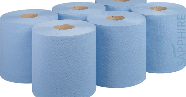 BLUE EMBOSSED CENTRE FEED PAPER ROLLS 150M x 6 PACK 2 PLY - DELTA6BE