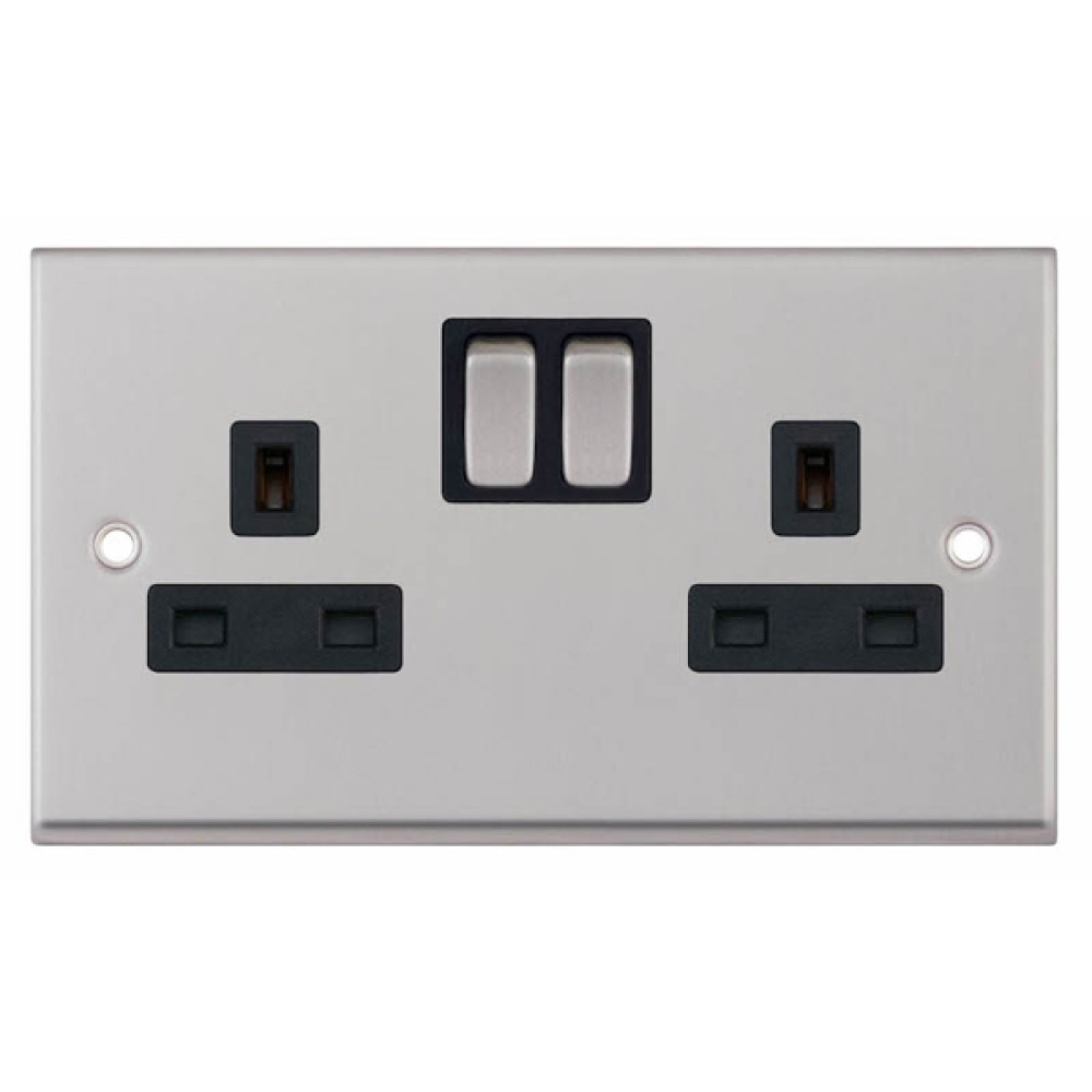 Satin Chrome & Black Insert Double 2 Gang Switched Socket 13A - 7MPRO-251