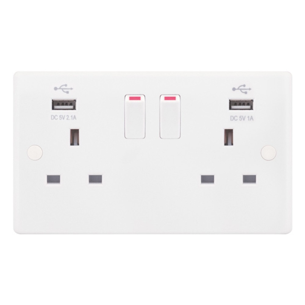 Smooth White 2 Gang 13A Switched Socket with USB Outlet - SSL581